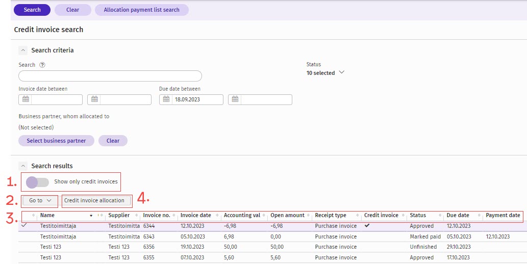 Credit invoice allocation – Procountor