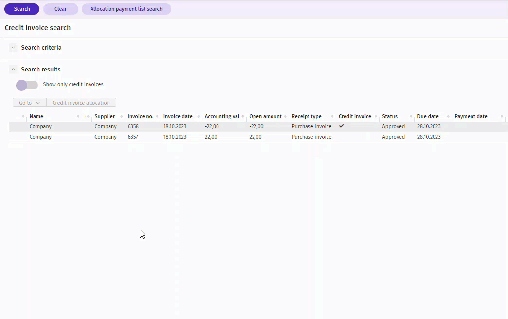 Credit invoice allocation – Procountor