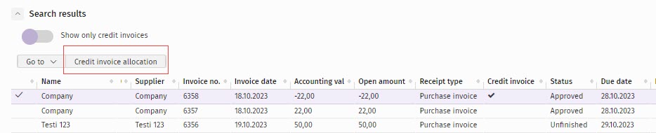 Credit invoice allocation – Procountor