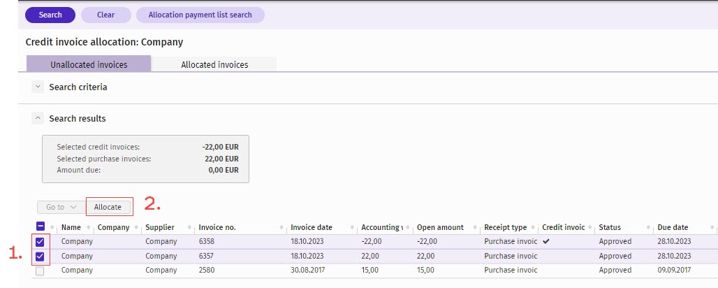 Credit invoice allocation – Procountor