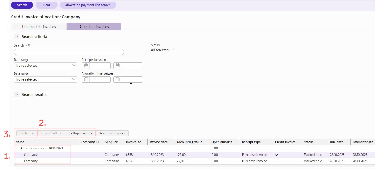 Credit invoice allocation – Procountor