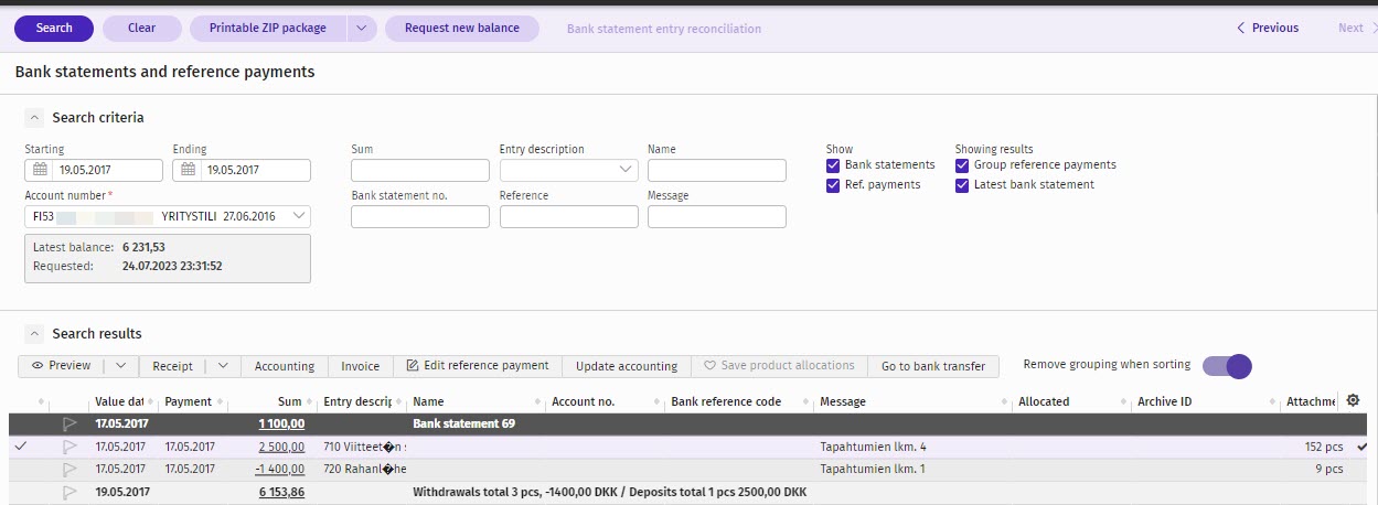 Bank statements and reference payments – Procountor