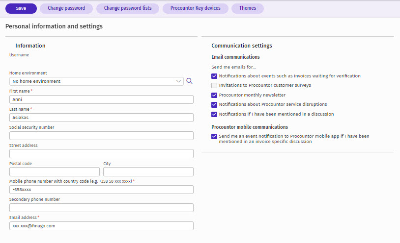 Personal information and settings – Procountor