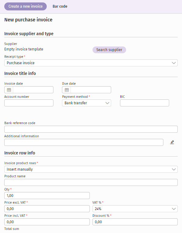 Creating a new purchase invoice – Procountor